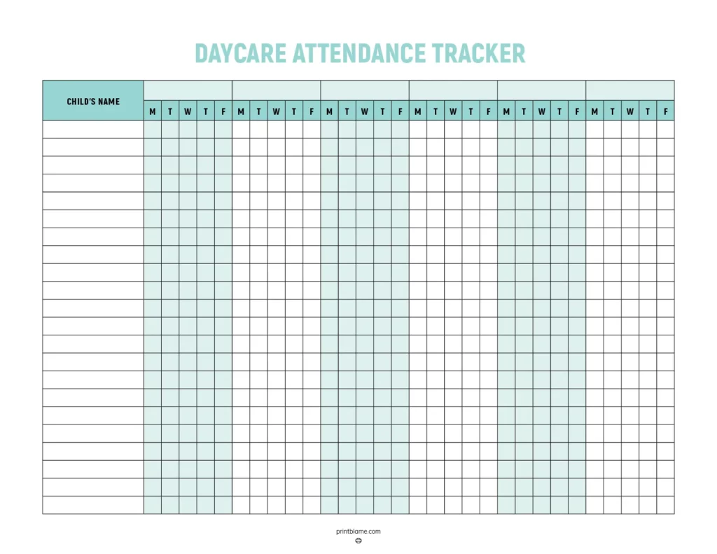 Daycare Attendance Sheet Printables - 16 FREE Child Care PDF